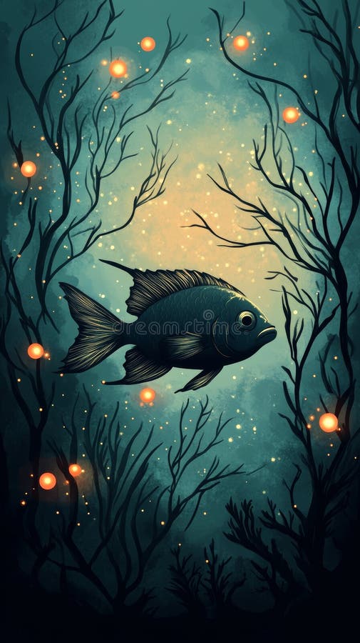 A Somber Underwater Scene with a Fish and Luminous Particles Stock ...