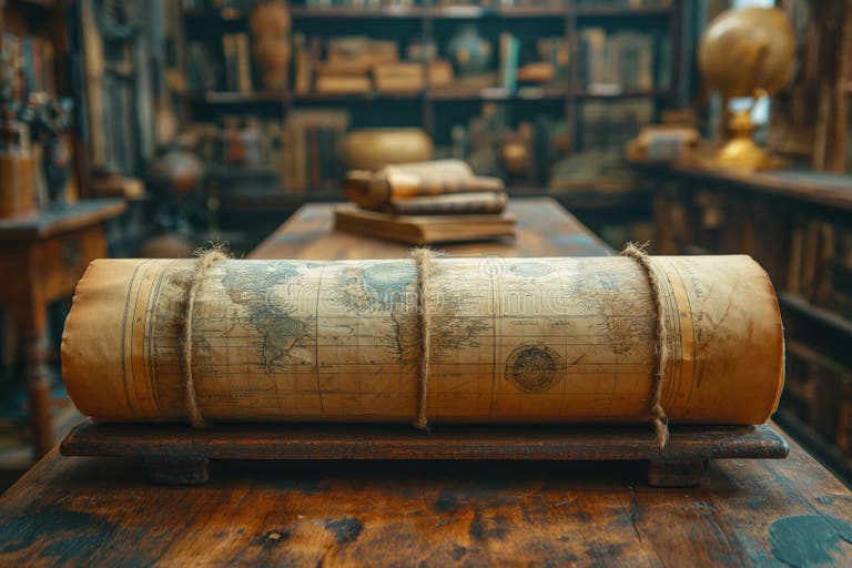 Some Ancient Map on a Scroll in Victorian Library Stock Illustration ...
