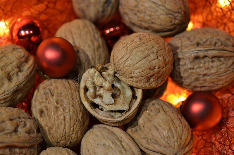 Walnuts Combined with Red Christmas Balls Stock Image - Image of ball ...