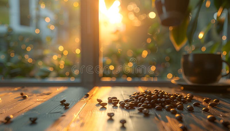 Some Coffee Beans are Scattered on Table on Right Side of Picture on ...