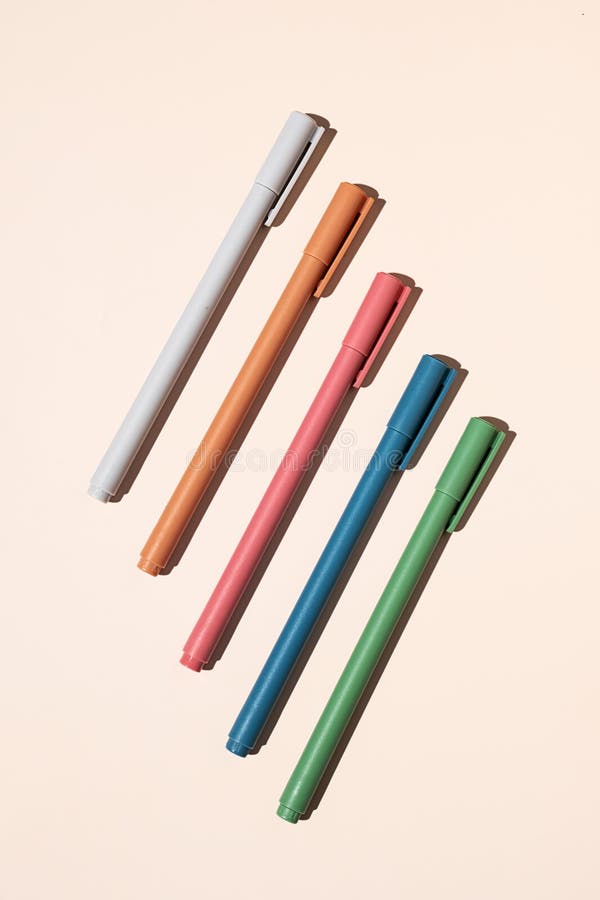 Some Colourful Pen Arranging on Beige Stock Image - Image of teaching ...