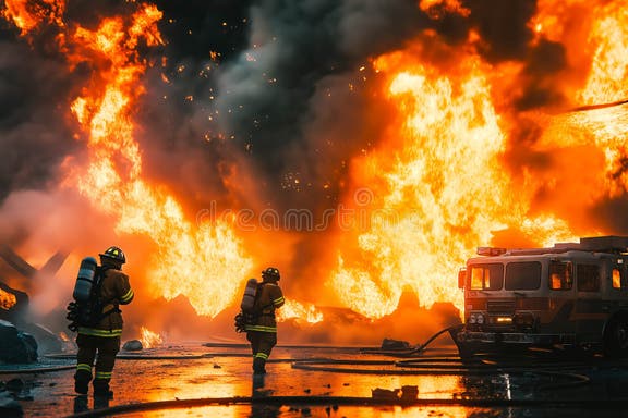 Some Firemen Fighting a Great Fire. Firefighters Doing Some Training ...