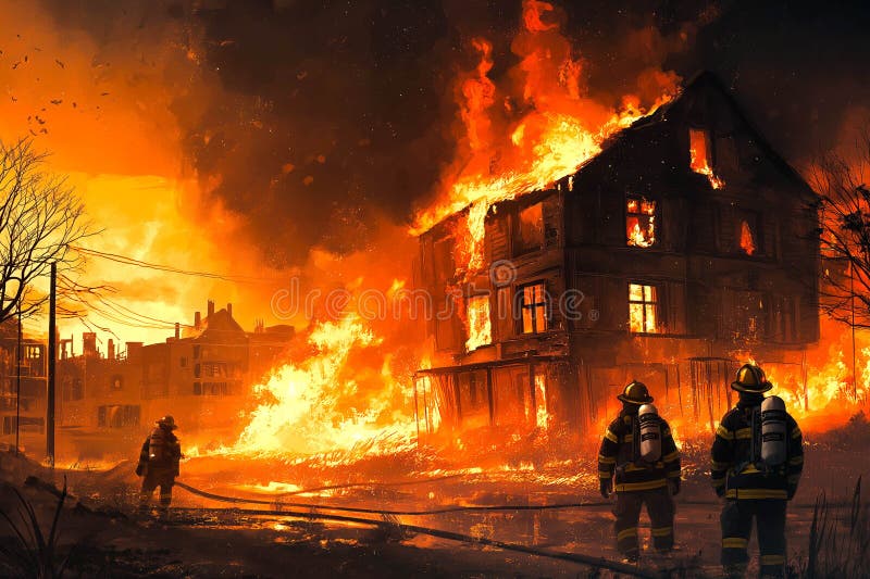 Some Firemen Fighting a Great Fire. Firefighters Doing Some Training ...