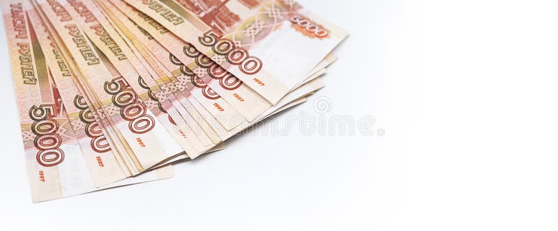 Some Five Thousand Rubles Bills. Stack of Russian Cash on White Stock ...