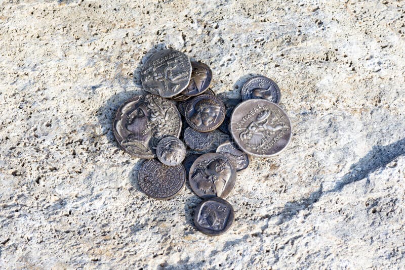 Some Greek Metal Ancient Coins Stock Photo - Image of antique ...