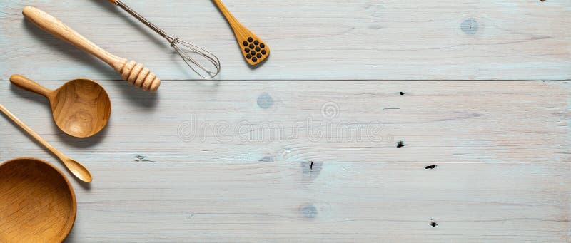 Some Kitchen Tools are Laid Out on a Wooden Tabletop. Kitchen Props ...
