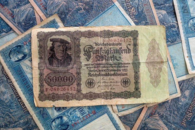 Some Old Historical German Banknotes Lie Spread Out on a Table Stock ...