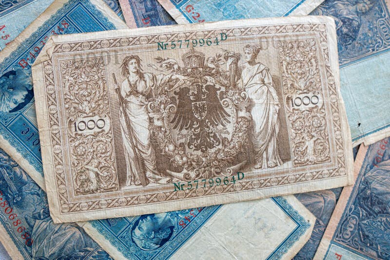 Some Old Historical German Banknotes Lie Spread Out on a Table Stock ...