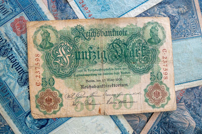 Some Old Historical German Banknotes Lie Spread Out on a Table Stock ...