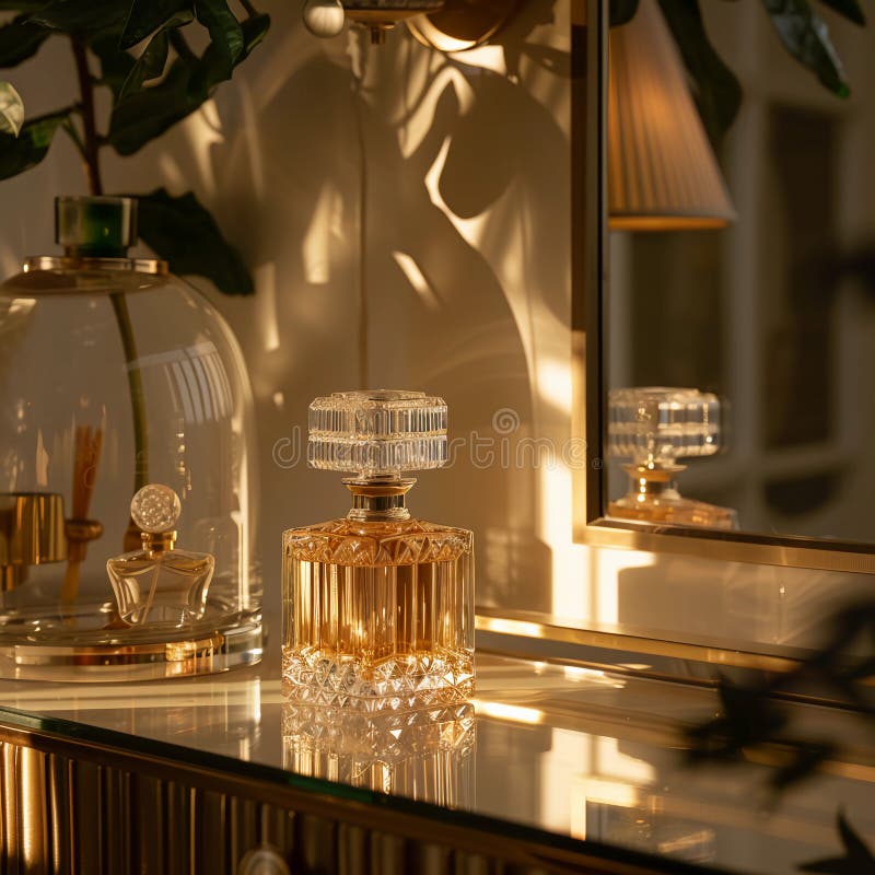 Some Perfume Bottles on a Shiny Table Under a Mirror and a Lamp Stock ...
