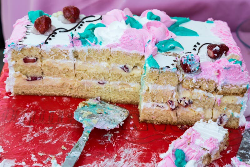 Some Pieces Taken Birthday Cake Stock Image - Image of birthday, paste ...