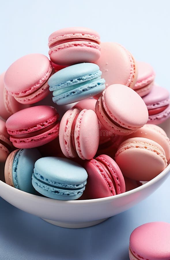 Some Pink and Blue Macarons are Sitting on a White Plate Stock Photo ...