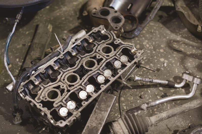 The Some Random Car Machine Parts and Details in Auto Service Workshop ...