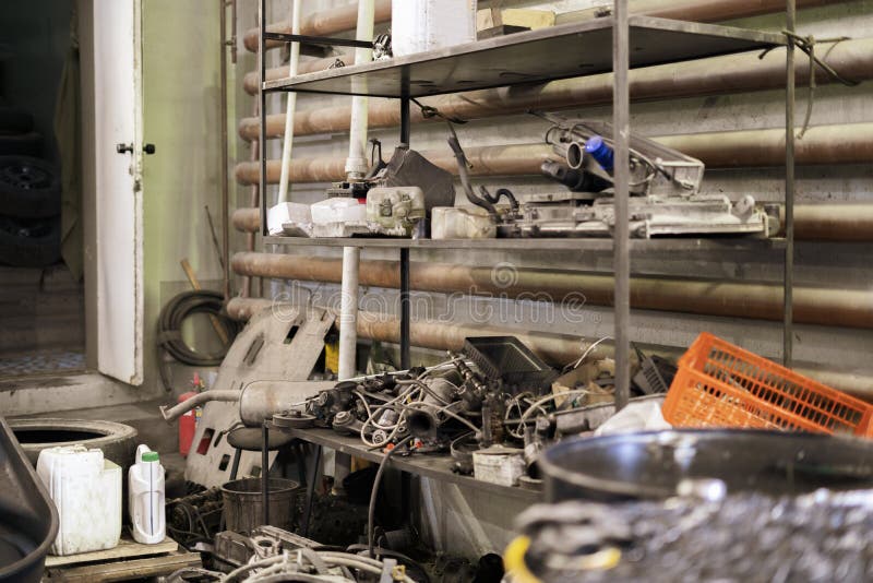 The Some Random Car Machine Parts and Details in Auto Service Workshop ...