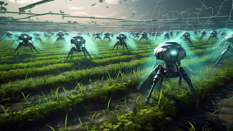 A Group of Robots Standing in a Field of Grass Stock Illustration ...