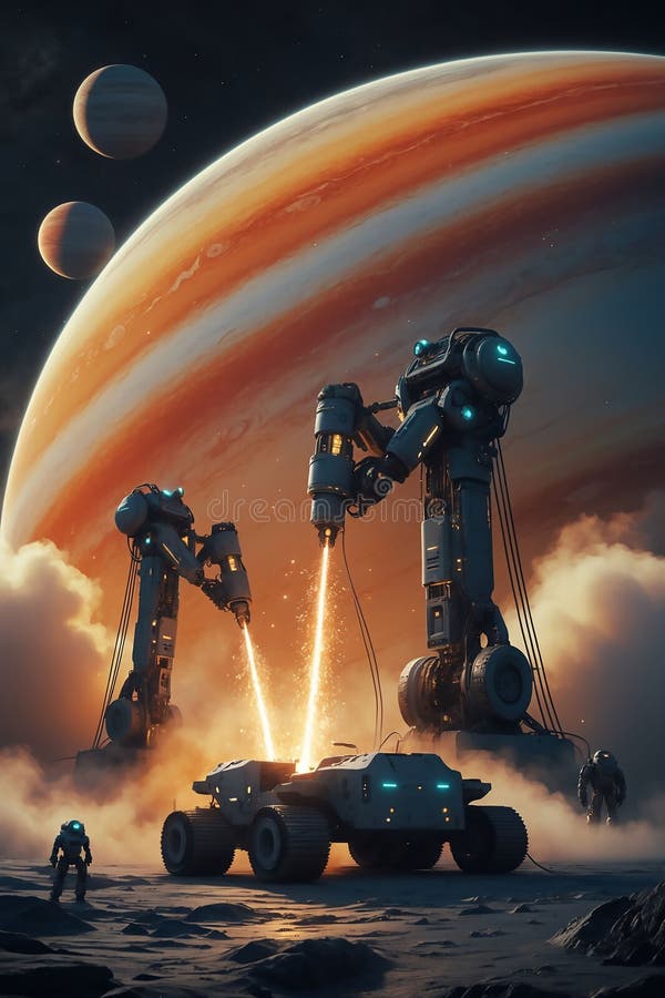 Some Sci-fi Robotic Vehicles in Outer Space Exploration on Planetary Sky Background. Stock ...