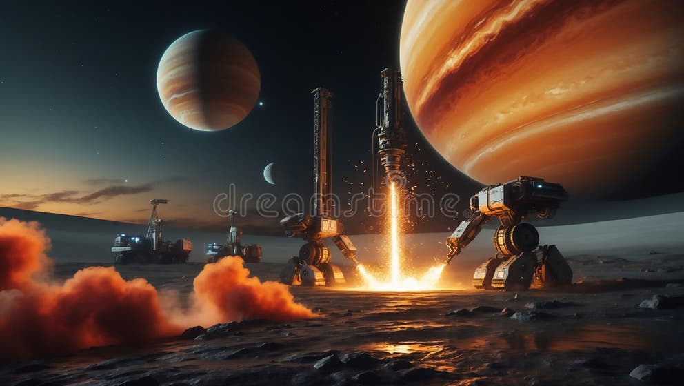 Some Sci-fi Robotic Vehicles in Outer Space Exploration on Planetary Sky Background. Stock ...