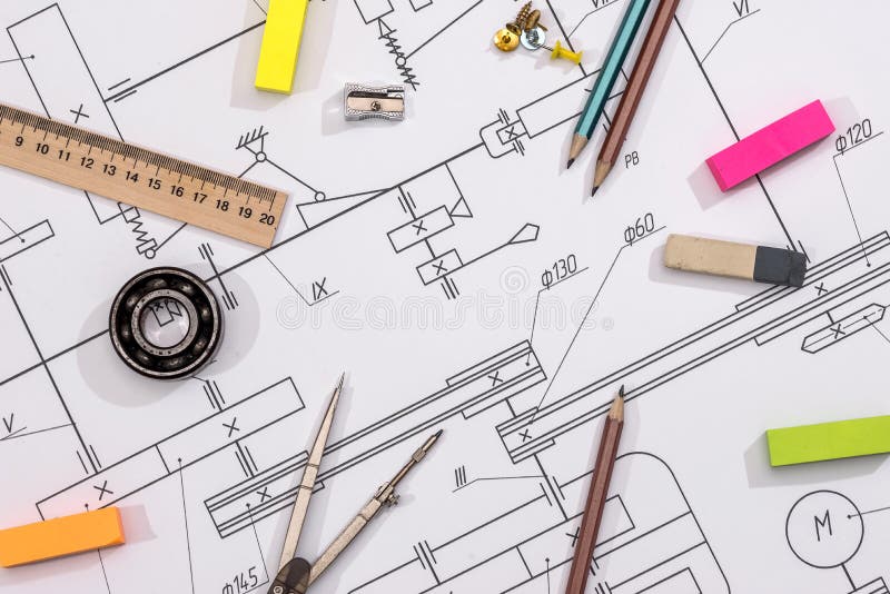 Technical Drawing, Graph Paper and Tools. Engineer Office Team Working ...