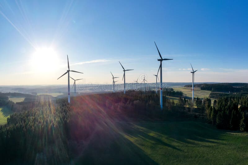 Wind Wheels in an Evening Countryscape Stock Photo - Image of light ...