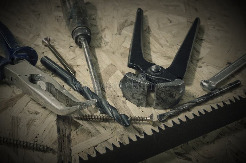 Some Workshop Tools on Wooden Working Desk Stock Photo - Image of build ...