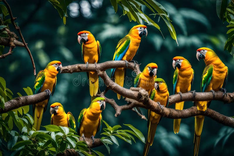 Some Yellow Parrots on the Tree Stock Illustration - Illustration of ...