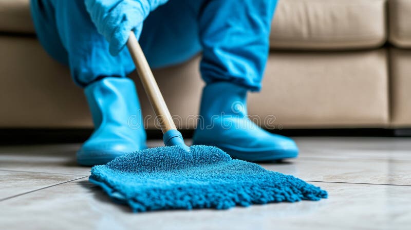 Someone Dressed in Blue Work Clothes is Mopping a Gleaming Floor with a ...