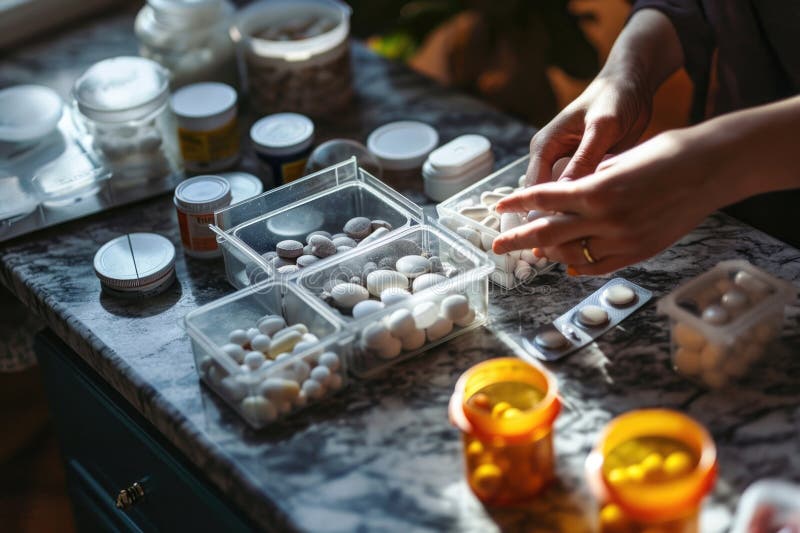 Someone Methodically Arranging Their Medication, Shedding Light on the ...