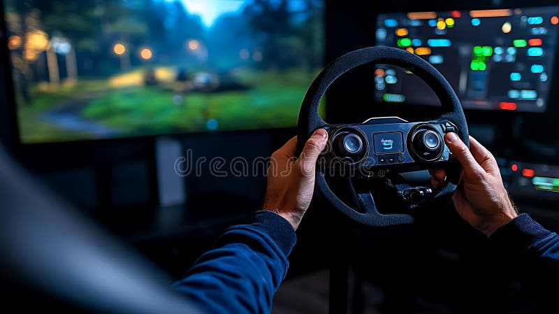 A Person Driving a Car Simulation with a Steering Wheel Stock ...