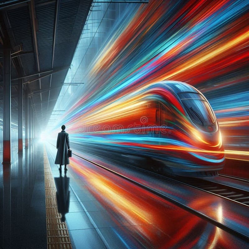 Someone Standing on the Tracks of a Fast Moving Train with Colorful ...