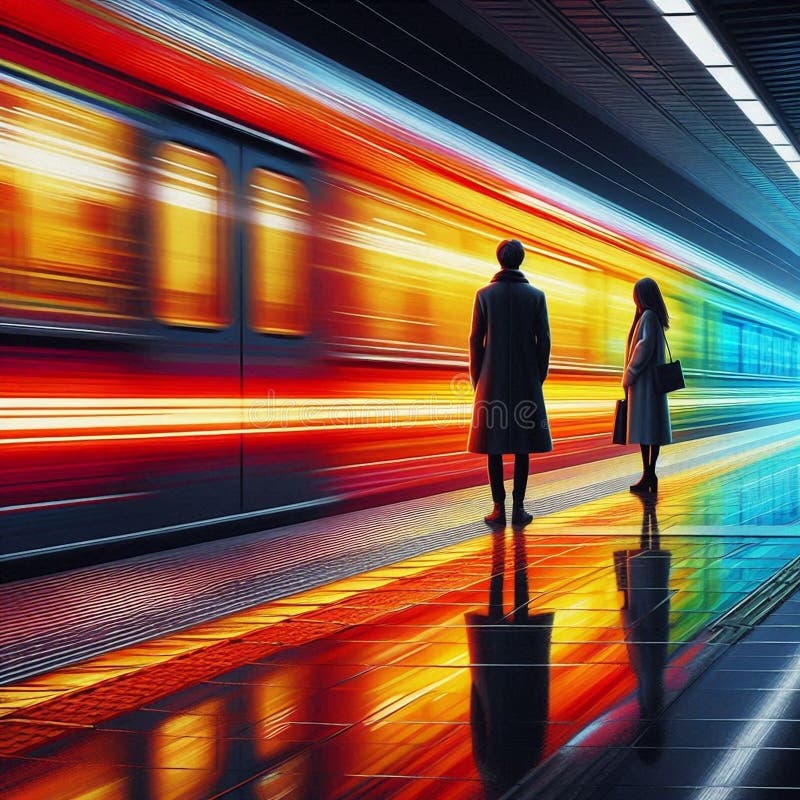 Someone Standing on the Tracks of a Fast Moving Train with Colorful ...