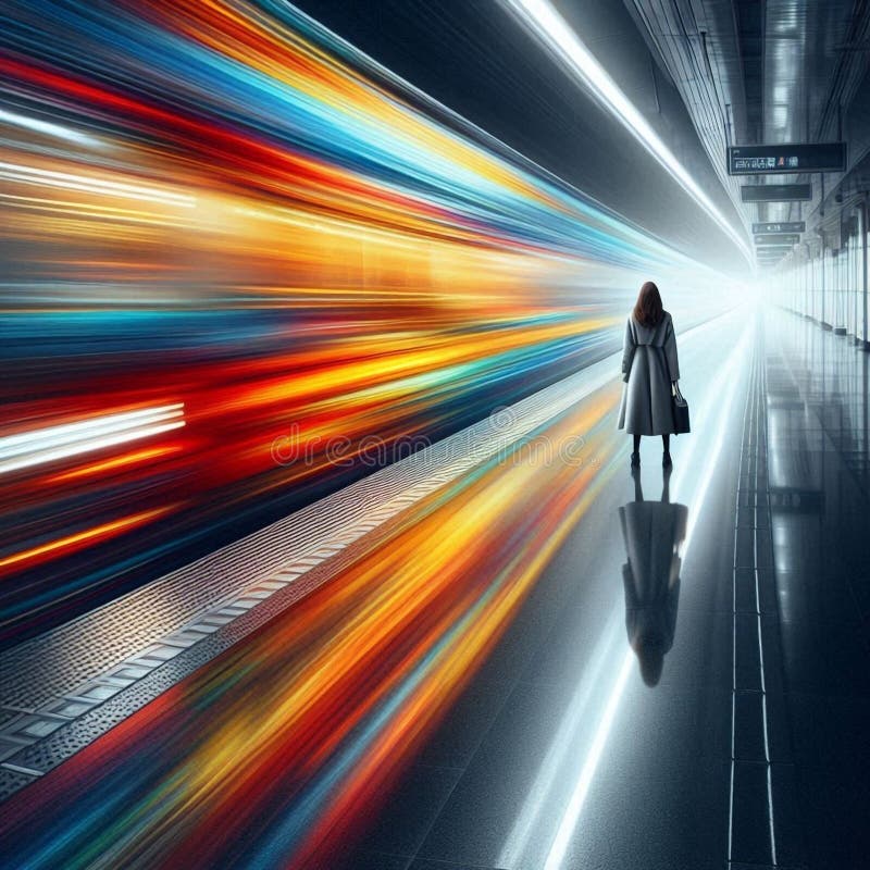 Someone Standing on the Tracks of a Fast Moving Train with Colorful ...