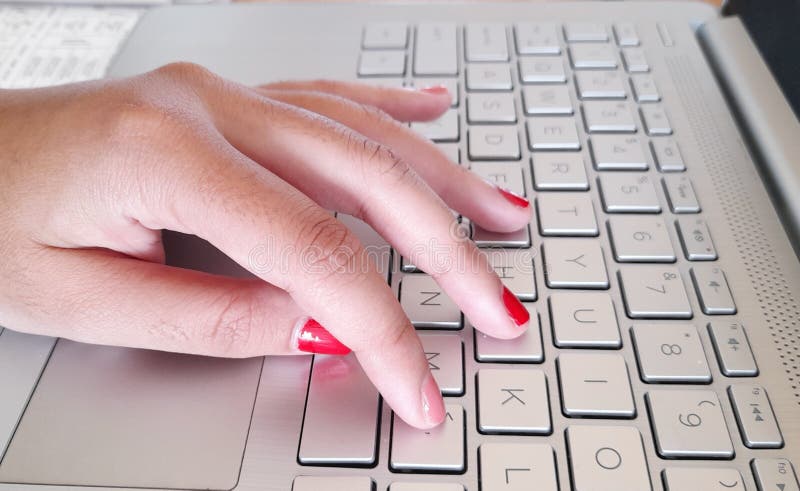 Someone Typing in the White Keyboard with Red Finger Nails Stock Image ...