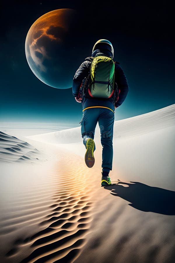 Someone Walking on the Surface of the Desert with Moon in the Far ...
