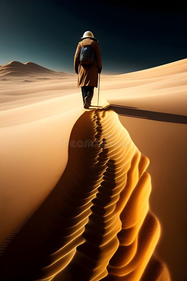 Someone Walking on the Surface of the Desert with Moon in the Far ...