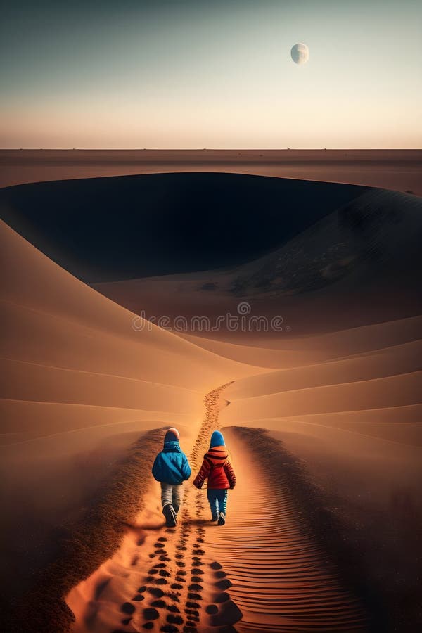 Someone Walking on the Surface of the Desert with Moon in the Far ...
