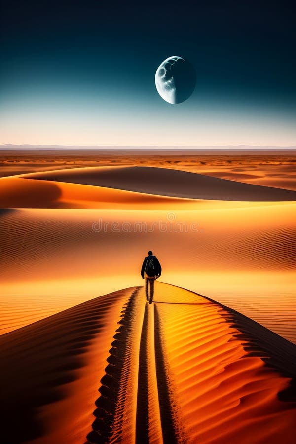 Someone Walking on the Surface of the Desert with Moon in the Far ...
