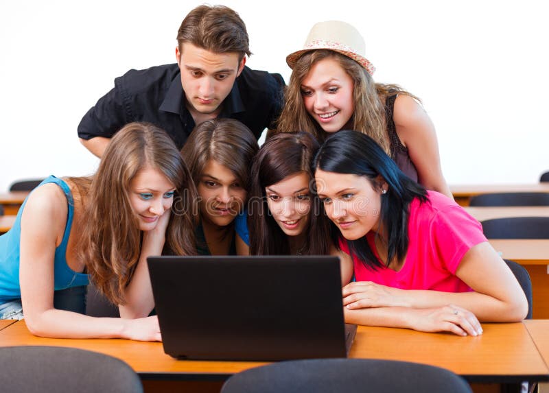 Group of Happy Students with the Laptop Stock Image - Image of fashion ...