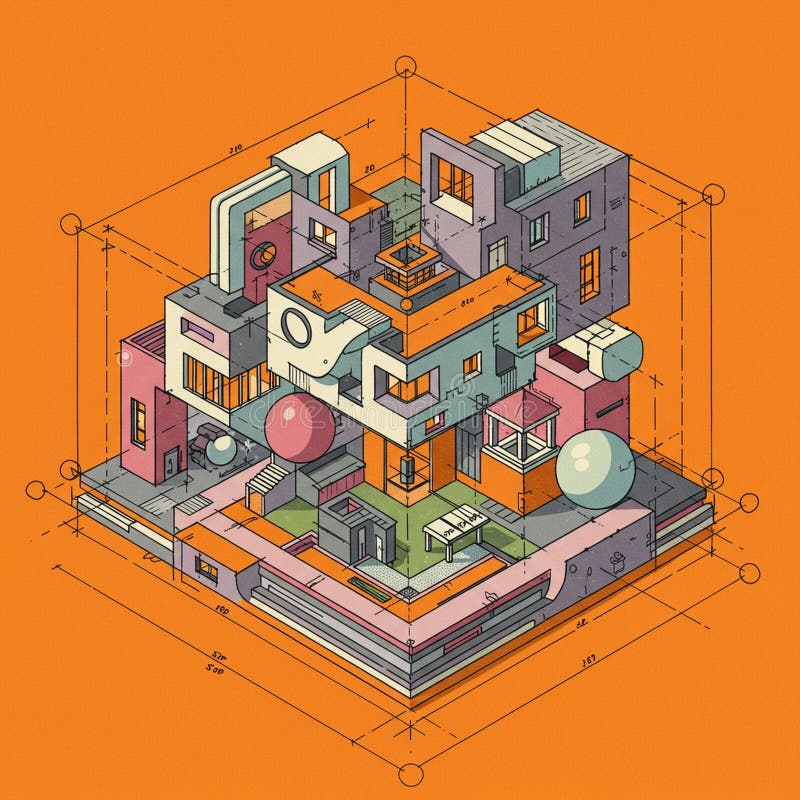 Sometric Architectural Drawing Showcases a Complex, Geometric Structure ...