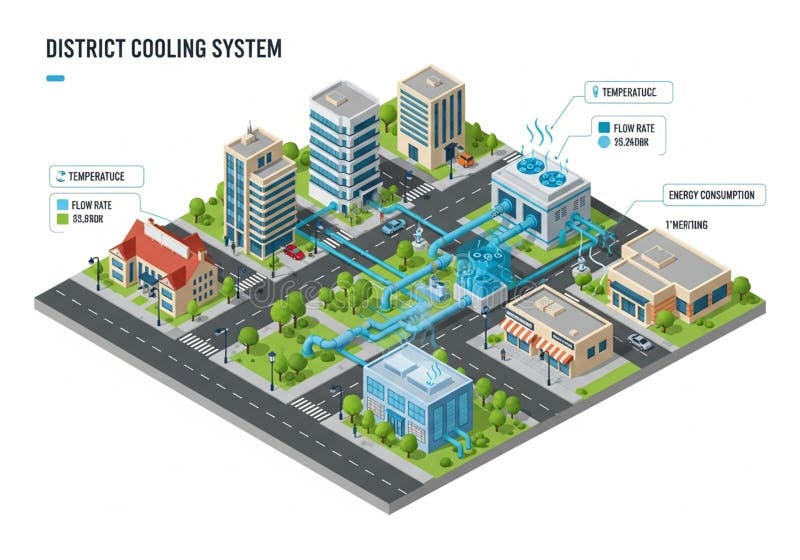 Sometric Diagram of a District Cooling System in an Urban Setting ...