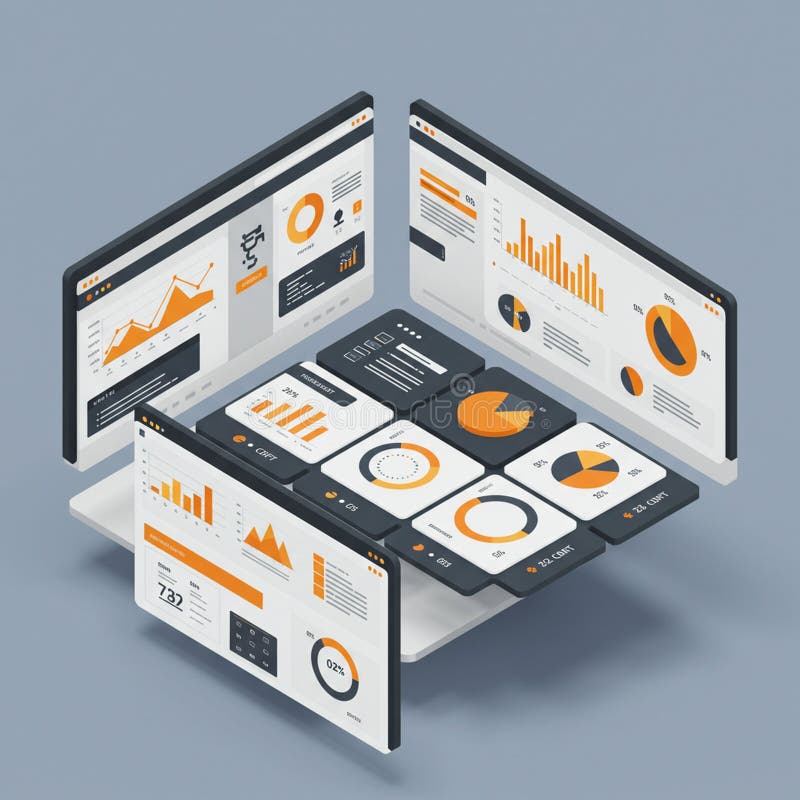 Sometric Digital Dashboard Featuring Multiple Screens Displaying Various Charts and Stock ...