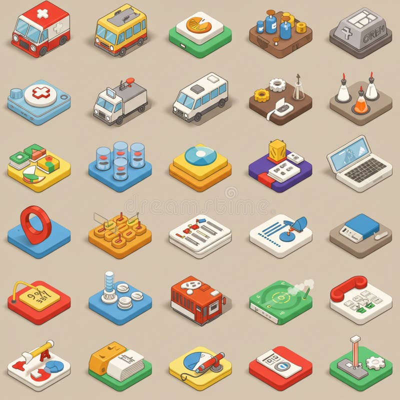 Sometric Icons Depicting Various Objects and Scenes Arranged in a Grid ...