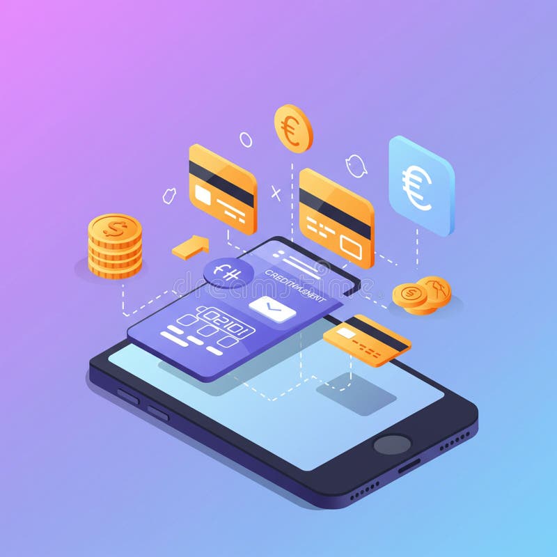 Sometric Illustration Depicting a Mobile Phone with Digital Elements ...