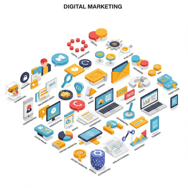 Sometric Illustration Depicting Various Elements of Digital Marketing ...