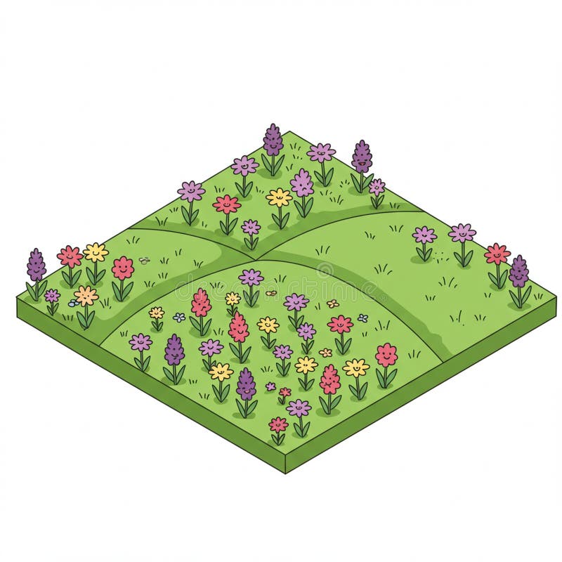 Sometric Illustration of a Grassy Landscape with Paths Dividing the ...