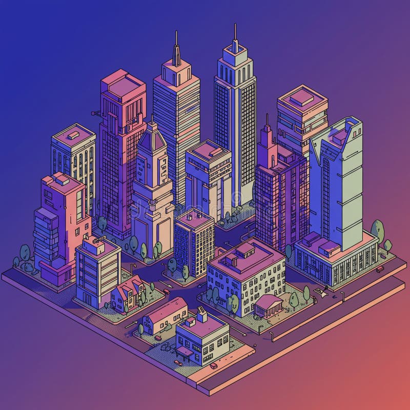 Sometric Illustration of a Stylized Cityscape at Dusk, Featuring a ...
