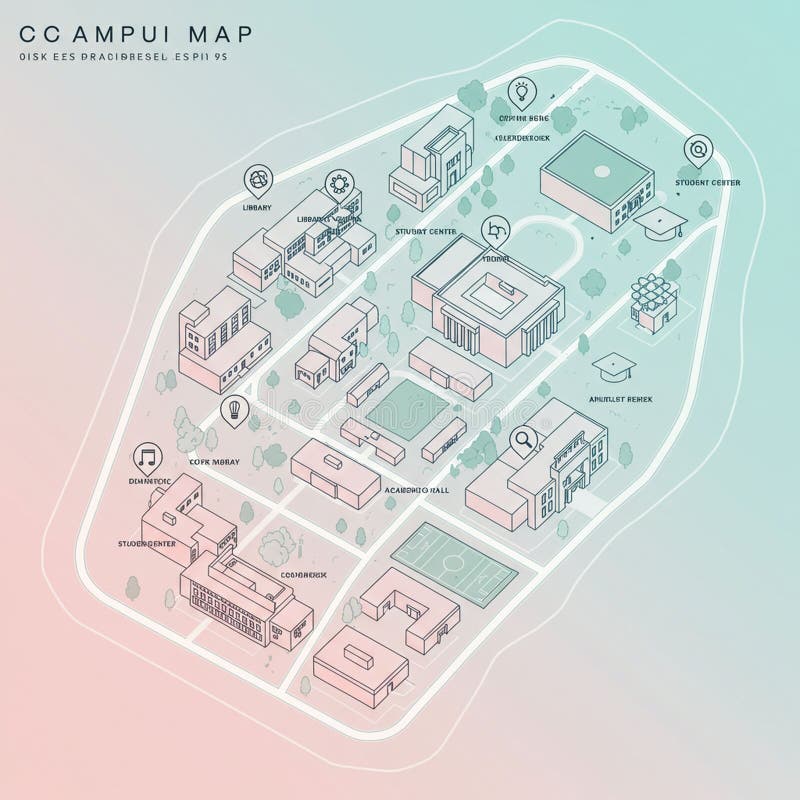 Sometric Map of a Campus with Notable Structures and Areas Labeled. Key Buildings Stock ...