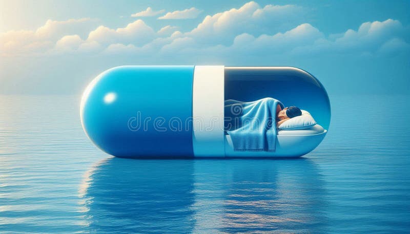 A Hypnotic, Sleeping Pill Conceptual Image with Bed and Fluffy Clouds ...