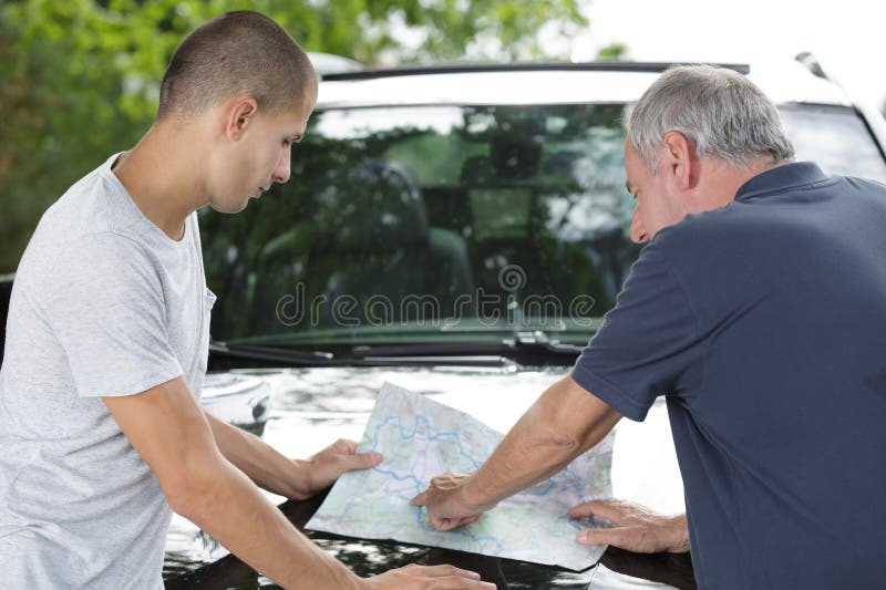 Son with Father Checking Map Stock Photo - Image of discovery, road ...