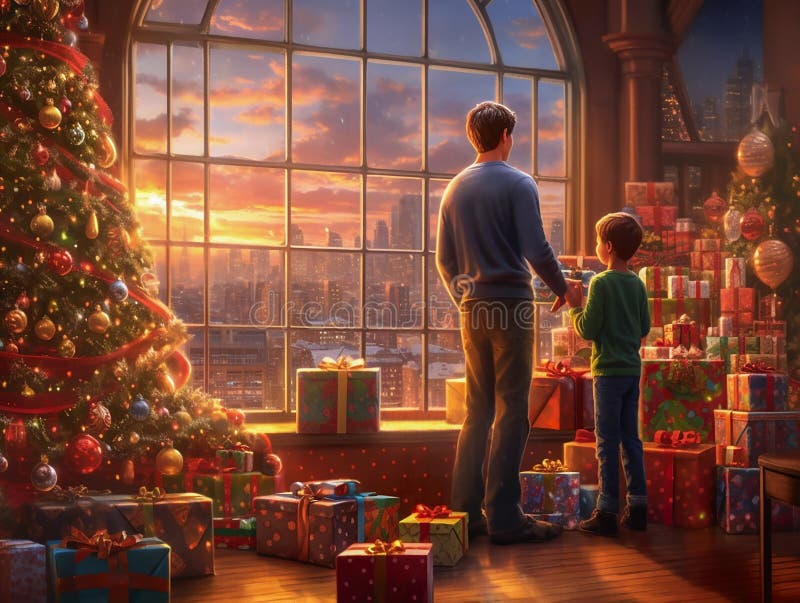 Son and Father at Christmas Tree on Christmas Night Stock Illustration ...