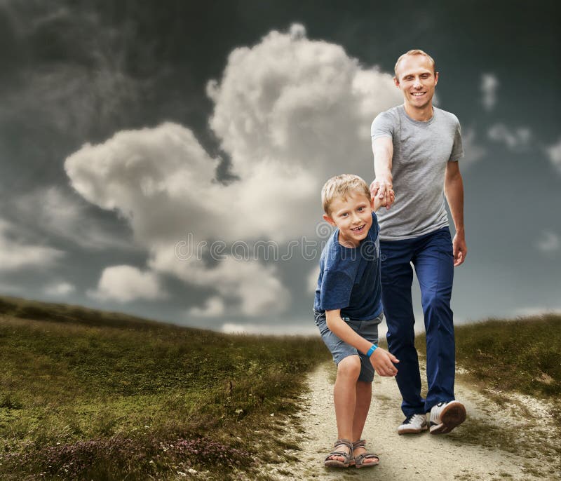 Father Running with Children Along Sandy Beach Stock Image - Image of ...